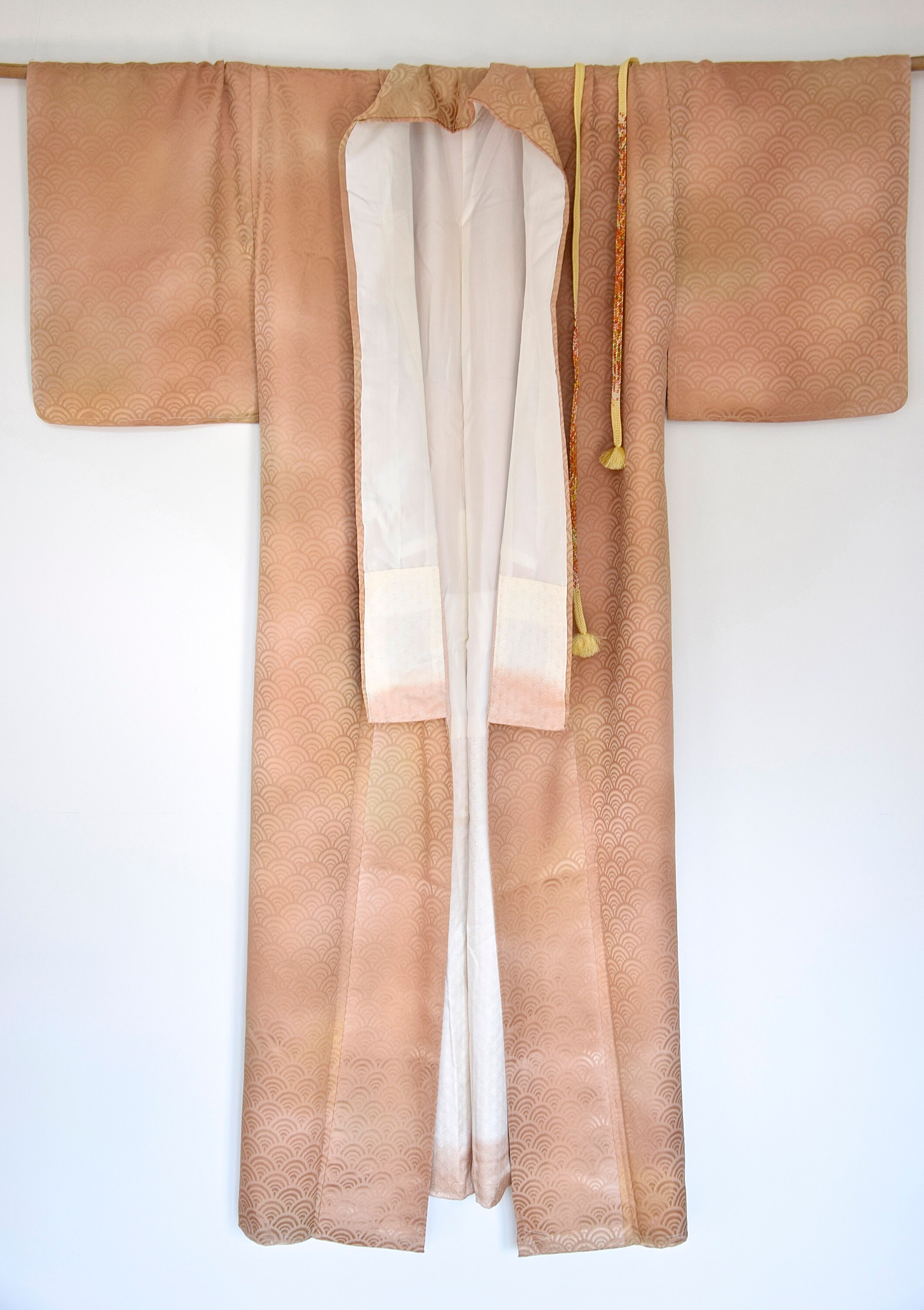 Japanese Vintage Kimono Robe Silk in bronze with Obijime belt