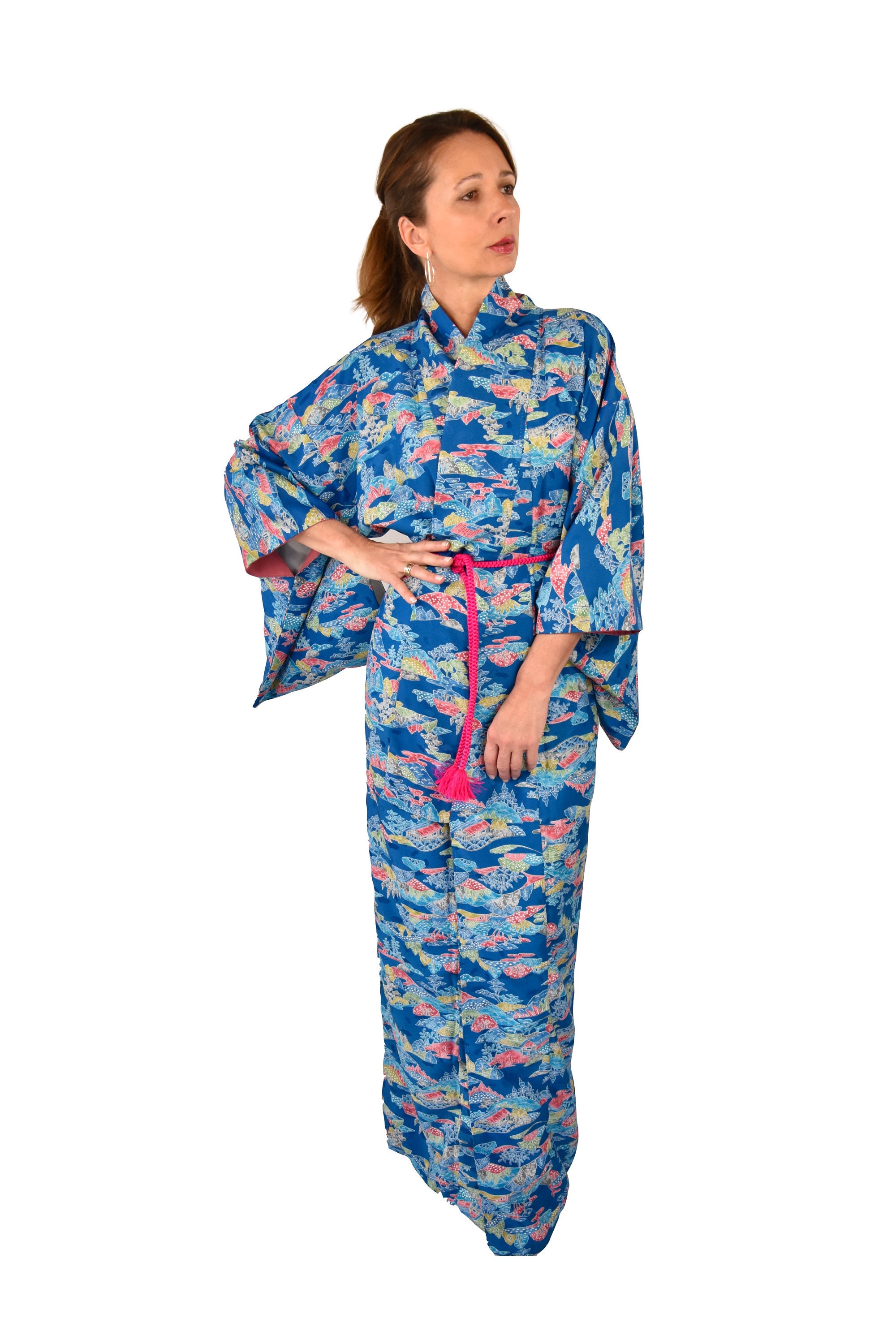 Cleaned Japanese Vintage Kimono Robe in Blue with matching Obijime belt ...