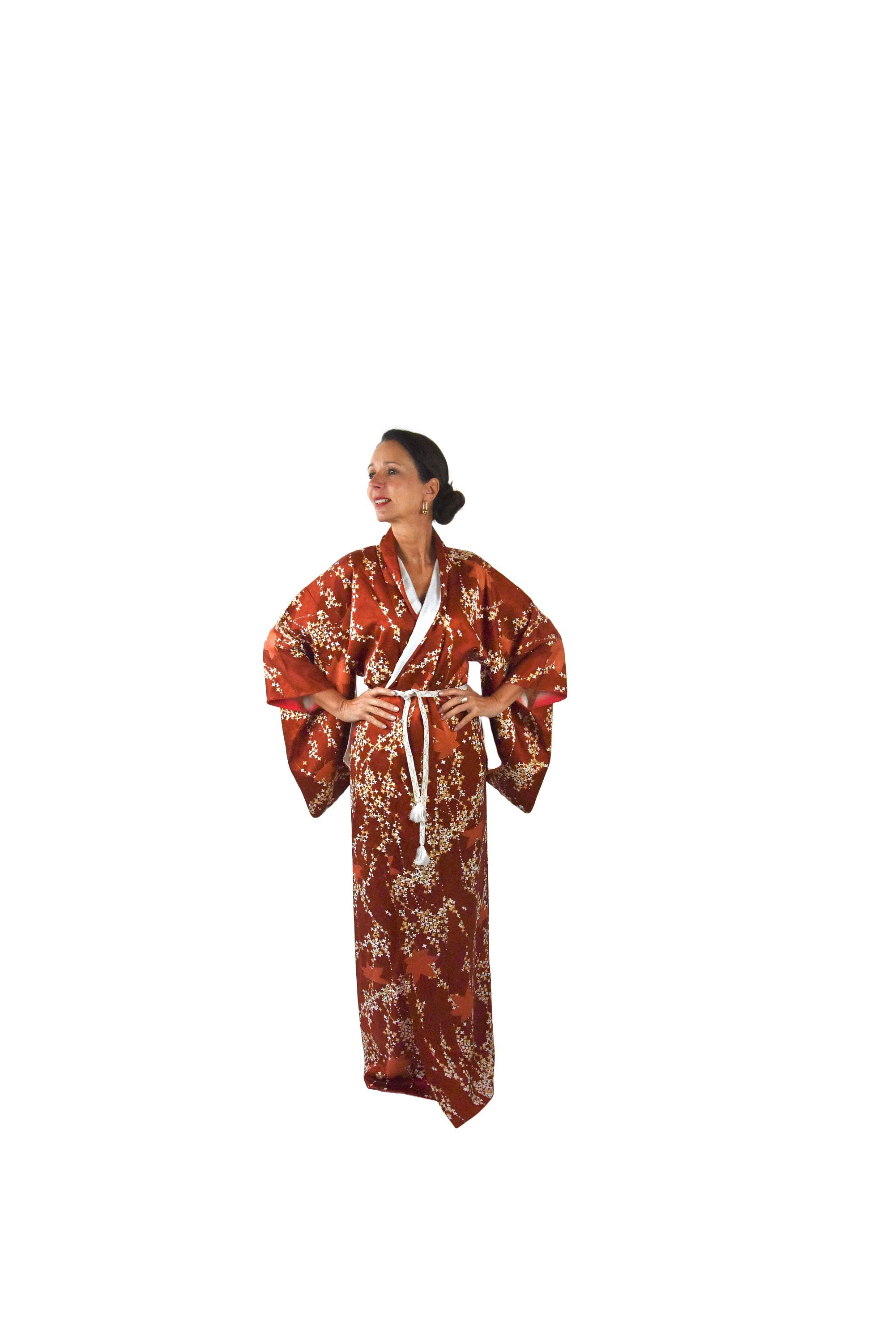 Japanese Kimono Robe in red brown with autumn leaves and silk Obijime ...