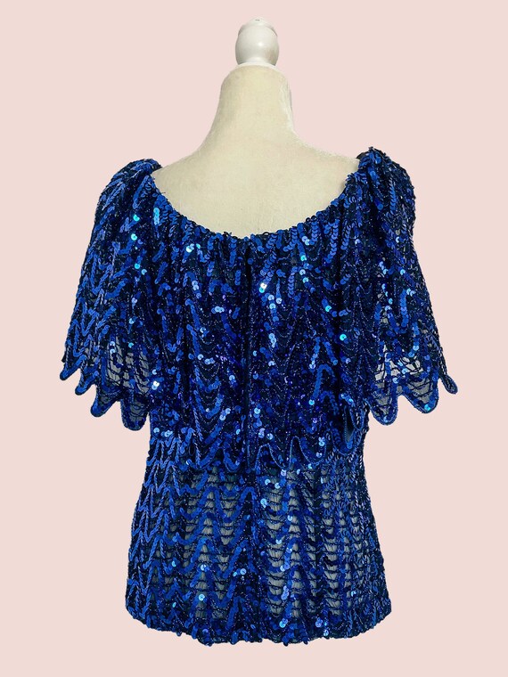 1970s Partique Royal Blue Disco Sequin and Mesh Sheer… - Gem