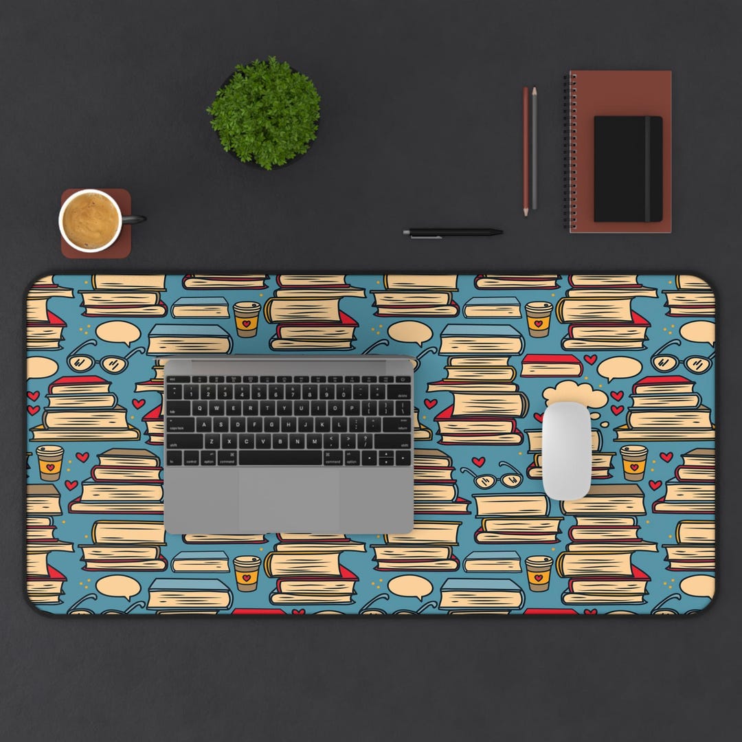Cute Bookish Books and Lattes Desk Mat, Pad, Large Mouse Pad With Wrist ...
