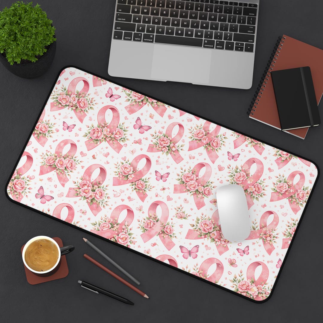 Breast Cancer Awareness Desk Mat, Pink and White Floral Cancer Ribbon ...