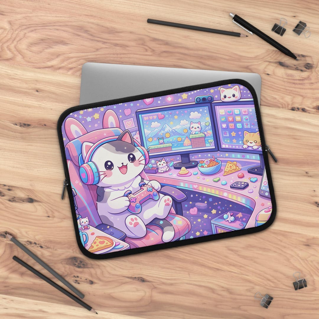 Cute Gamer Cat Laptop Sleeve, Colorful Pastel Kawaii Aesthetic Neoprene ...