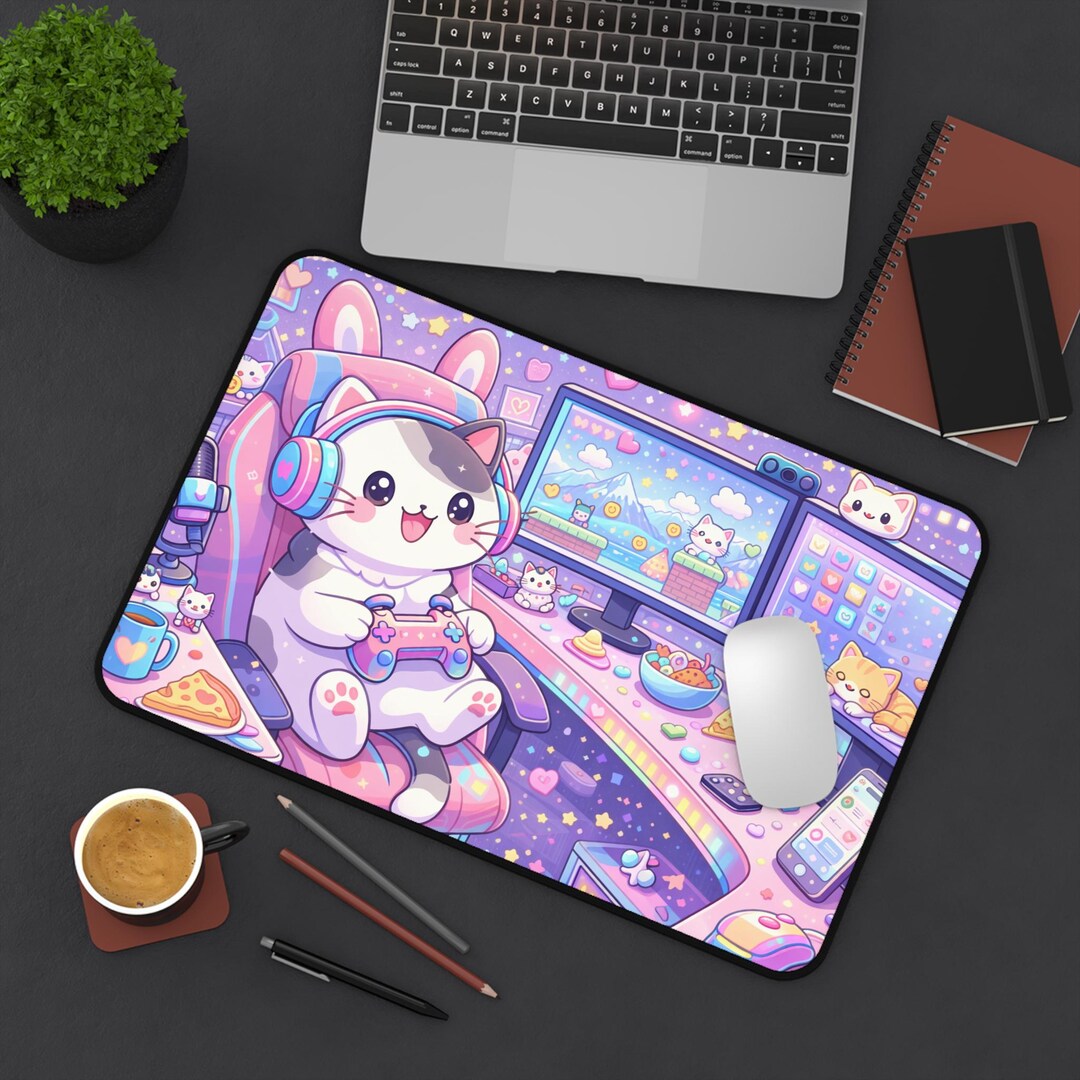 Cute Gamer Cat Desk Mat, Desk Pad, Large Mouse Pad With Wrist Rest ...
