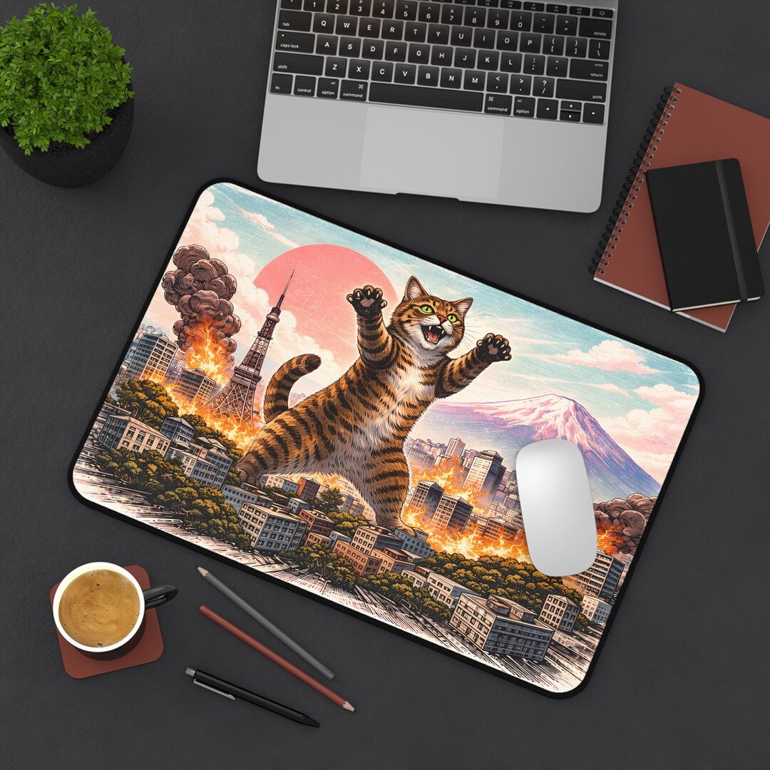 Giant Tabby Cat Kaiju Desk Mat, Giant Monster Cat Attacking Tokyo Mouse ...