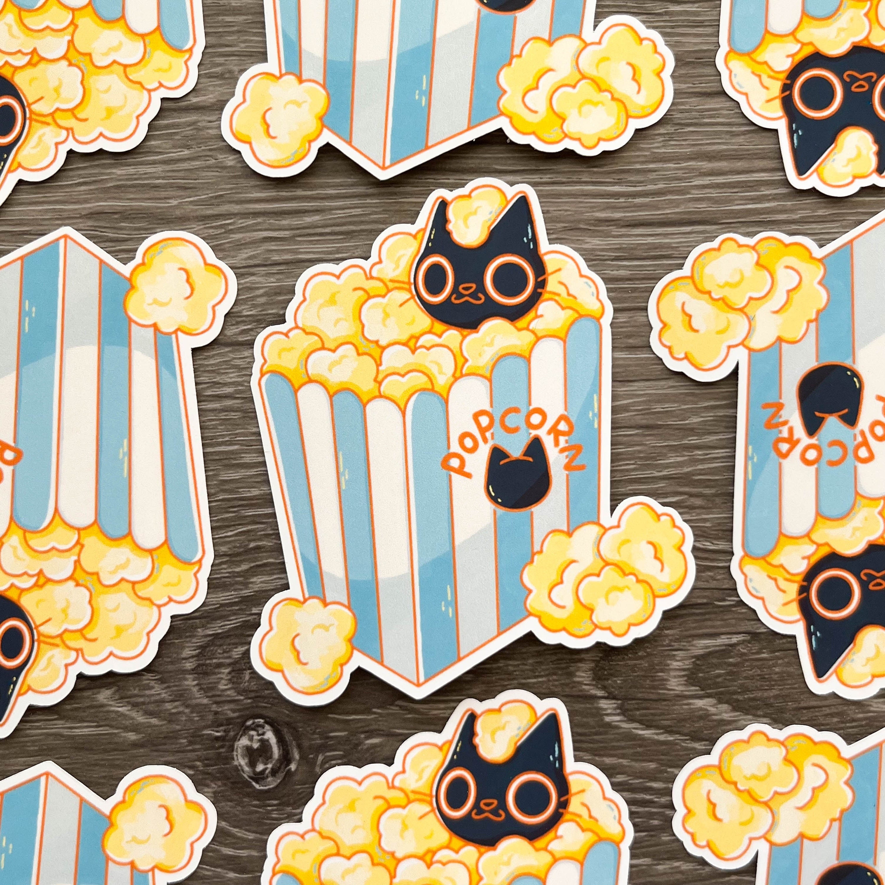 Popcorn Black Cat Matte Vinyl Sticker Cute Kitty Foodie Sticker Kawaii ...