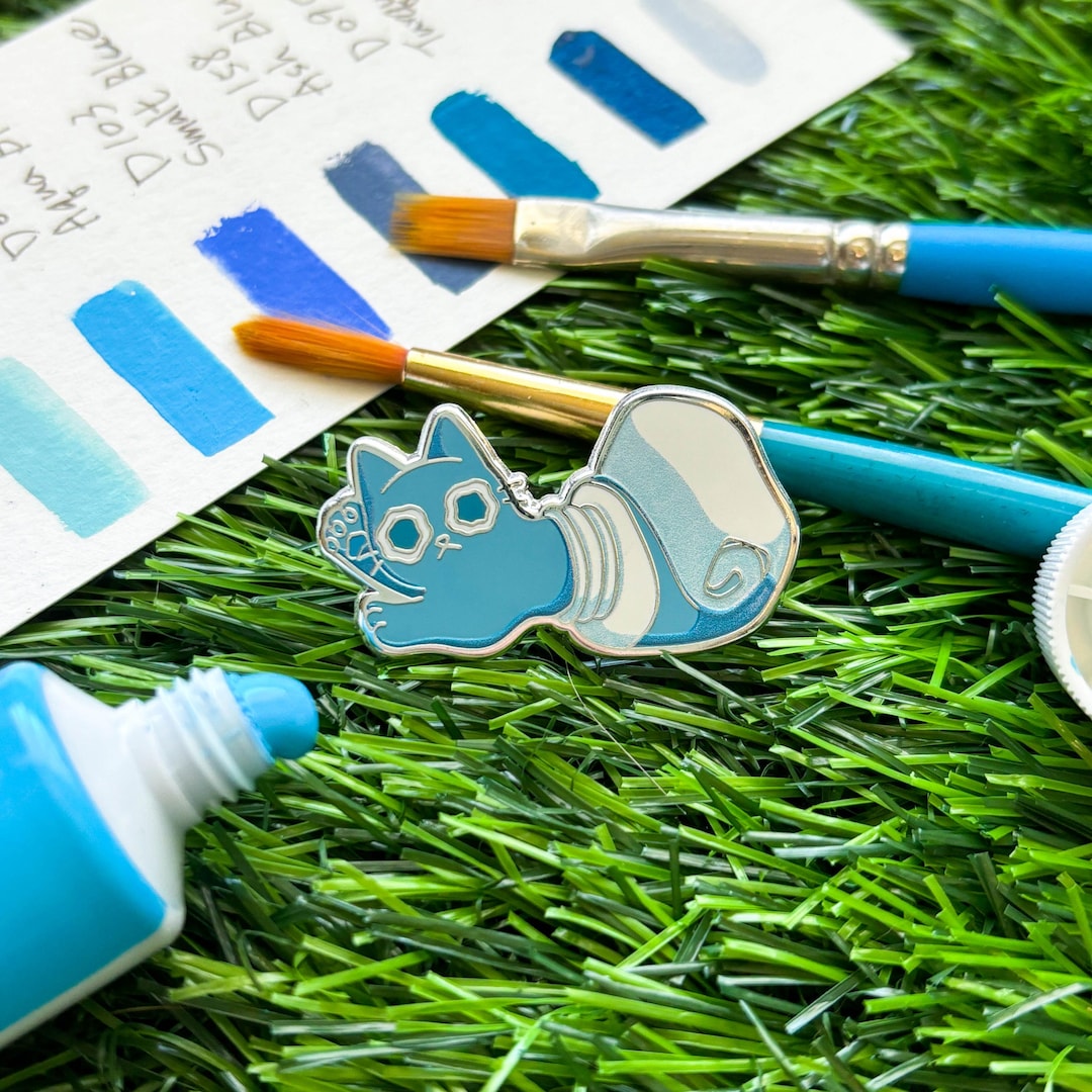 Crying Blue Kitty Paint Hard Enamel Pin | Kawaii Cat Artist Lapel Pin ...