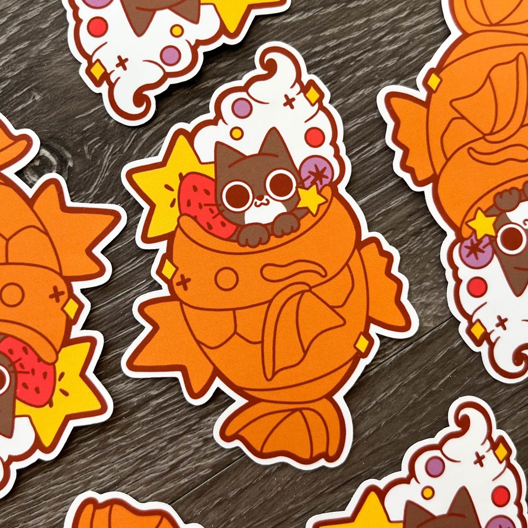 Tuxedo Cat With Magikarp Taiyaki Matte Vinyl Sticker | Cute Dessert ...