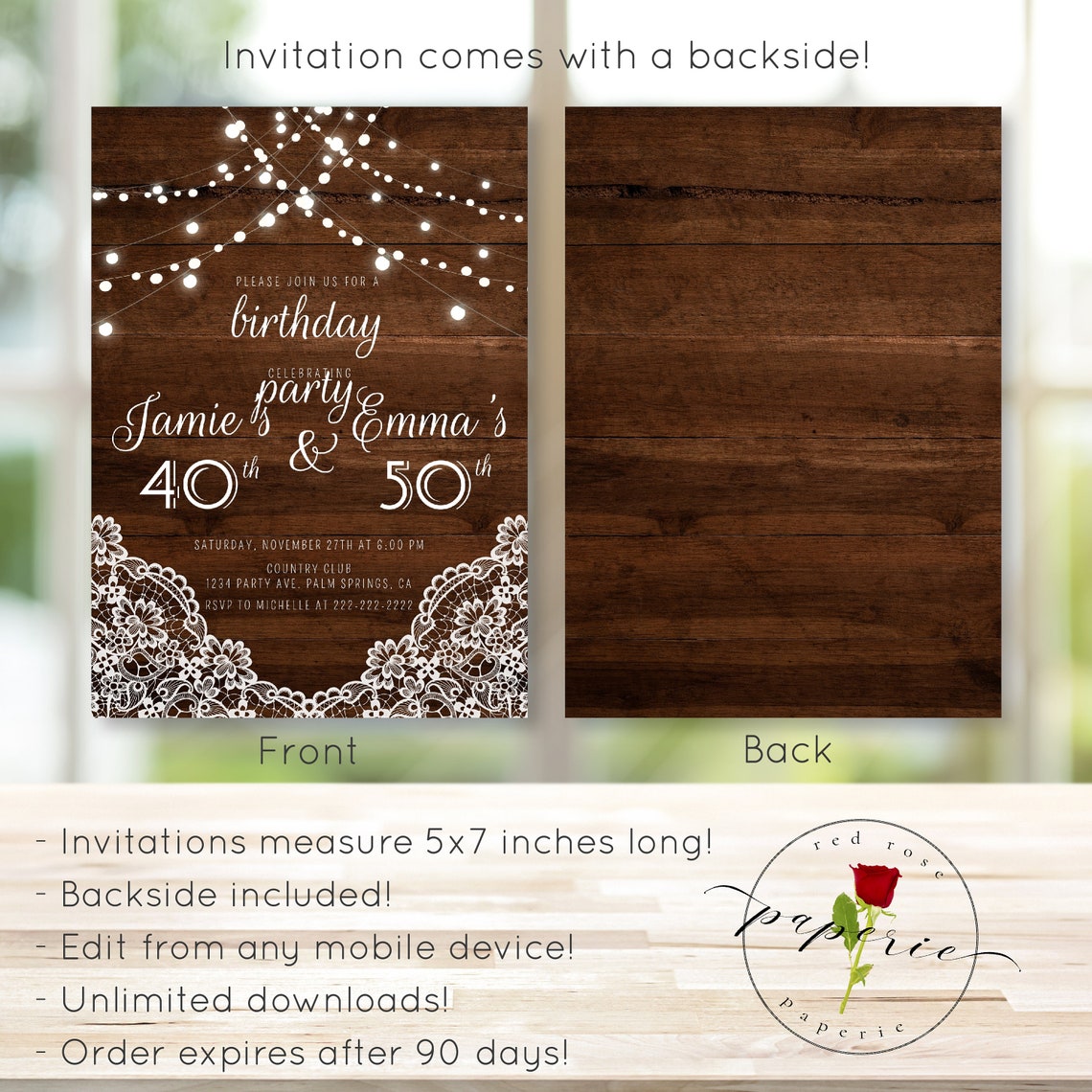 Rustic Adult Joint Birthday Party Invitation, Rustic Wood Birthday ...