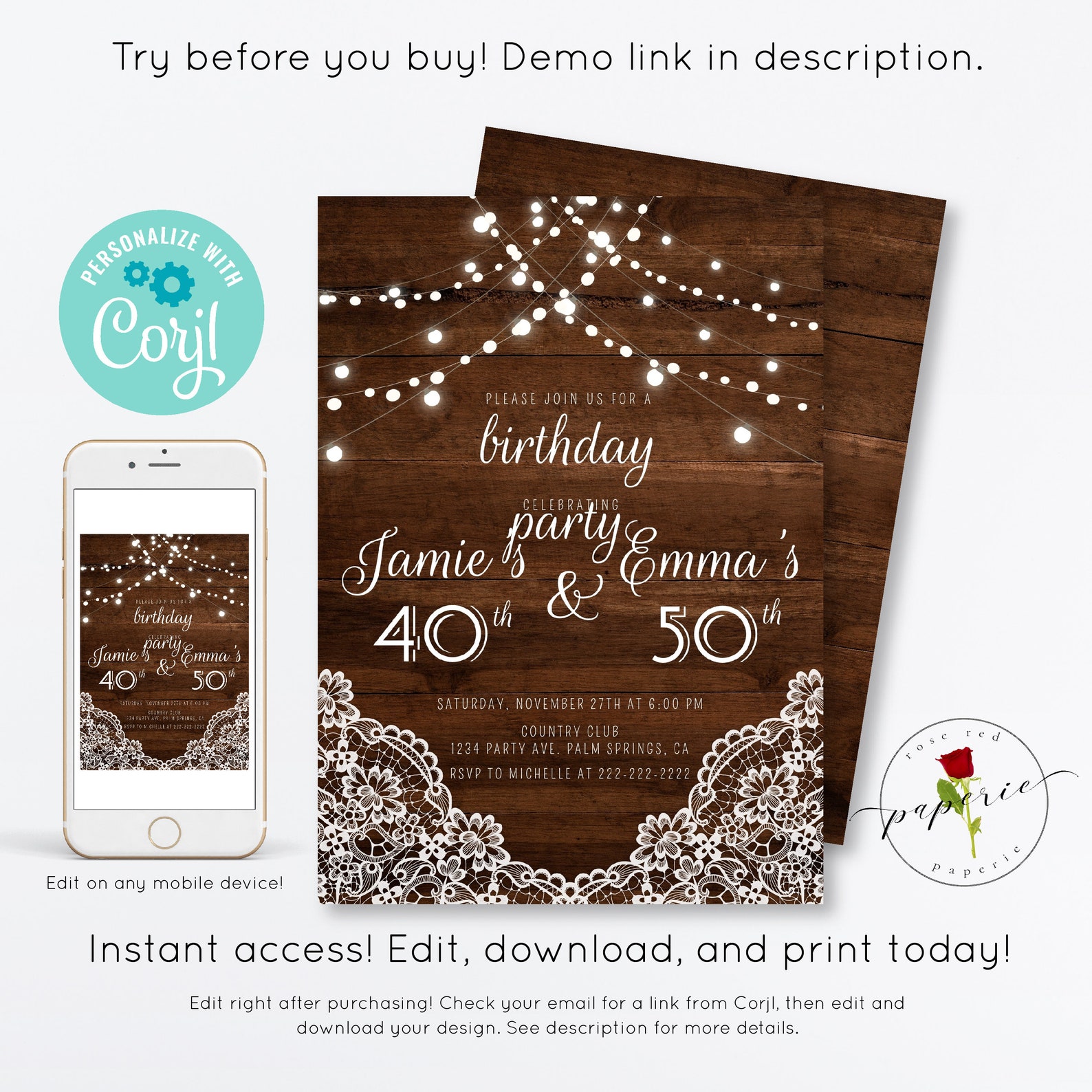 Rustic Adult Joint Birthday Party Invitation, Rustic Wood Birthday ...