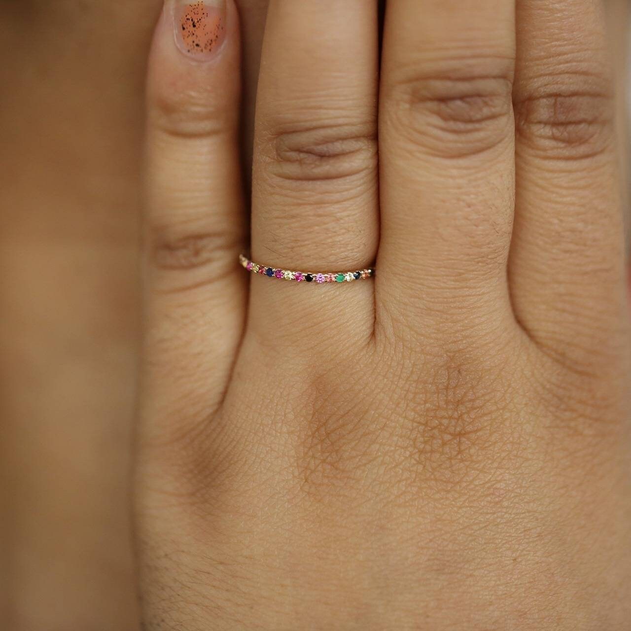 14k Yellow Gold Eternity Band Rainbow Ring 14k Gold wedding | Etsy