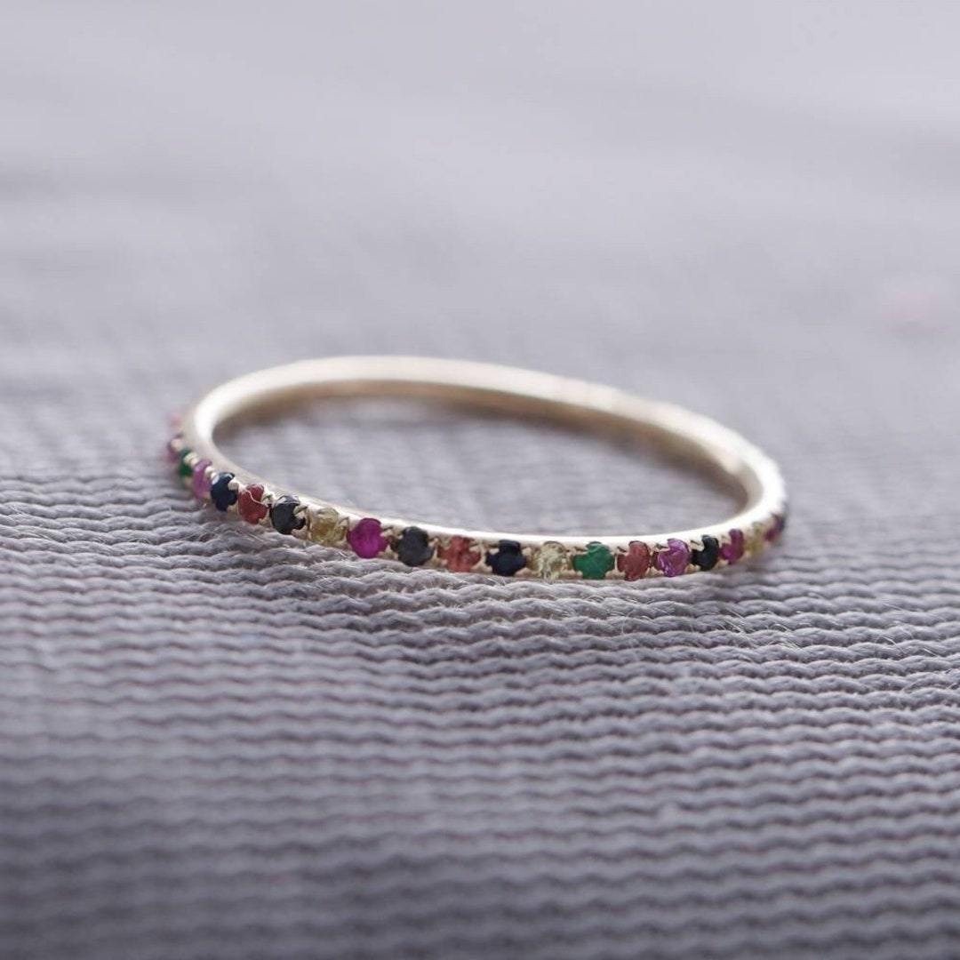 14k Yellow Gold Eternity Band Rainbow Ring 14k Gold Wedding - Etsy