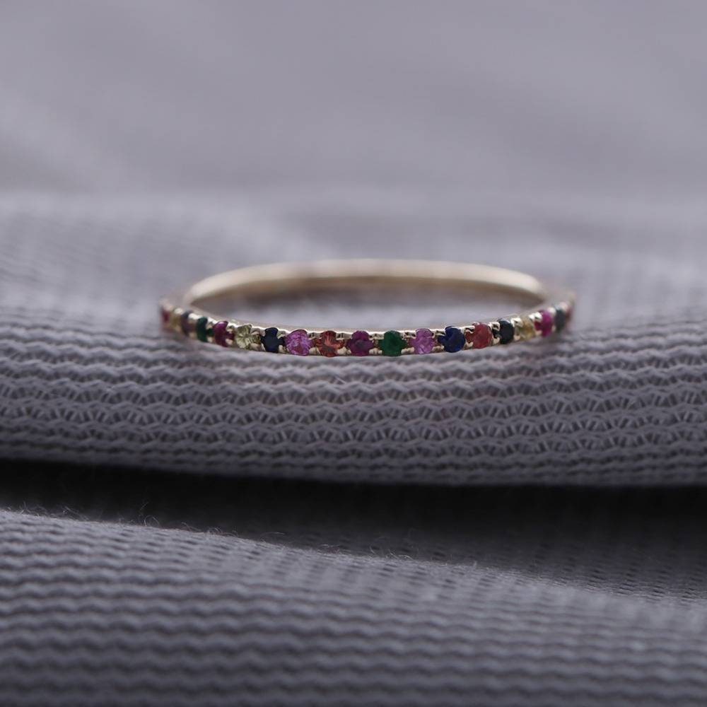 14k Yellow Gold Eternity Band Rainbow Ring 14k Gold wedding | Etsy