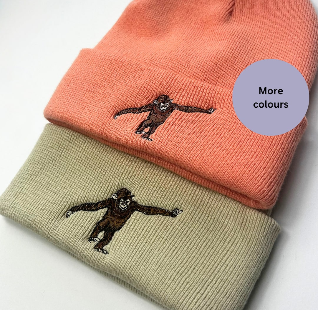 Chimpanzee Beanie Hat: Embroidered Monkey Winter Accessories. Gift ...