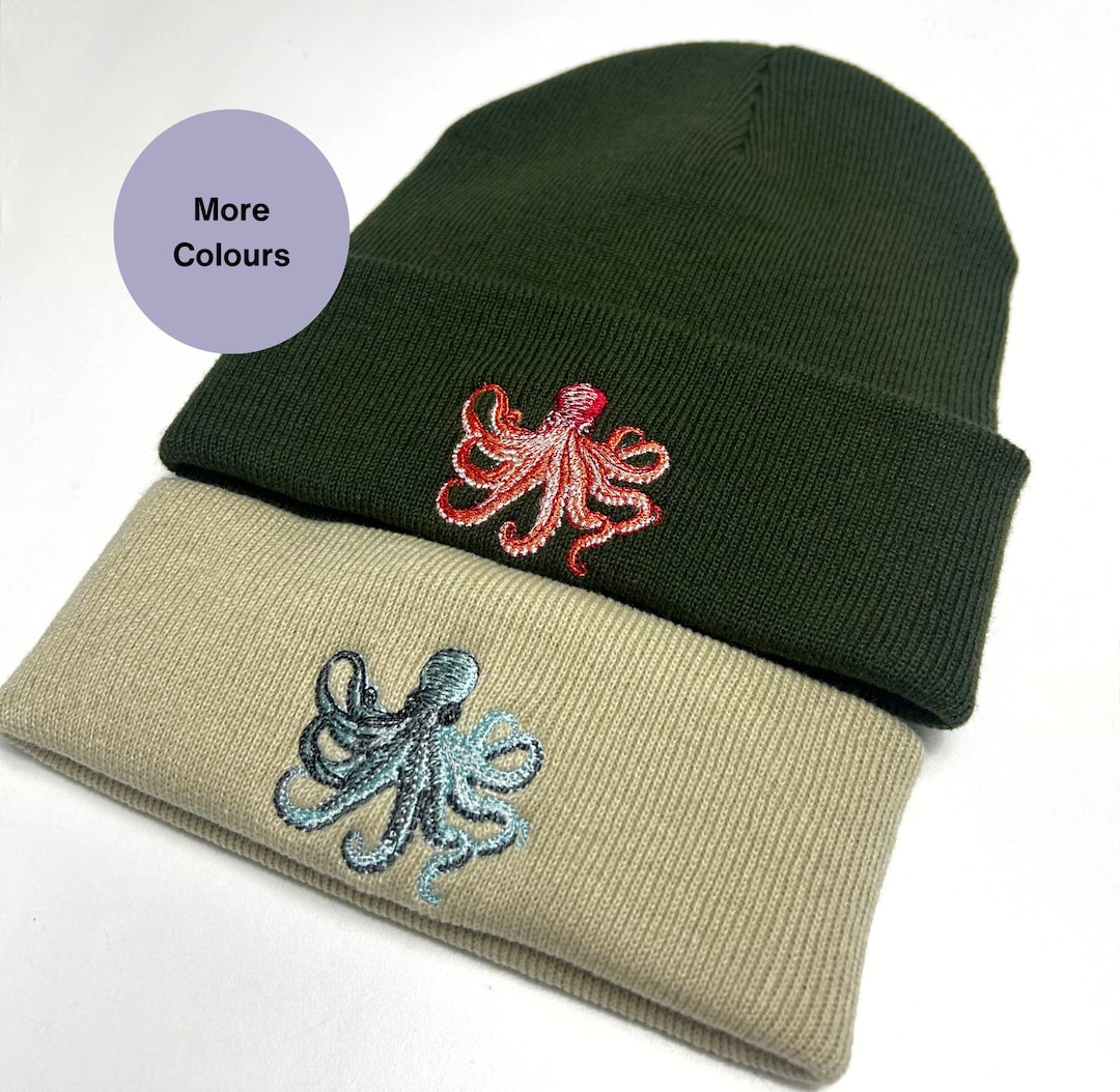 Embroidered Octopus Beanie: Unisex Ocean Lover Gift Two Colours Thread ...