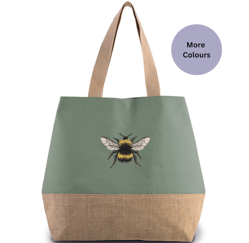 Embroidered Bumble Bee Tote Bag: Jute Cotton Canvas Shopping Bee ...