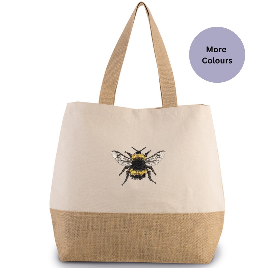 Embroidered Bumble Bee Tote Bag: Jute Cotton Canvas Shopping Bee ...