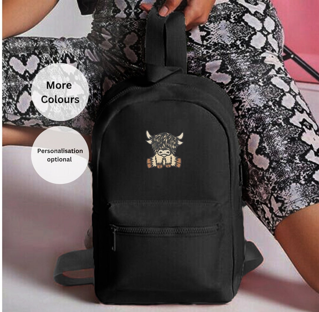 Embroidered Highland Cow Backpack: Mini Essential Unisex Bag With More ...