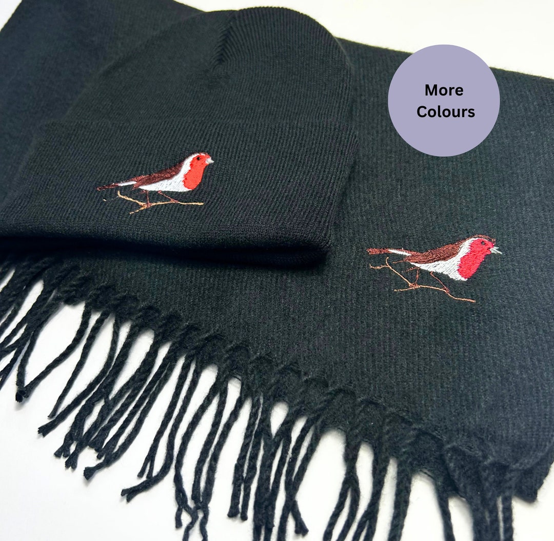 Embroidered Robin Bird Hat and Scarf Set, Matching Winter Set, Unisex ...