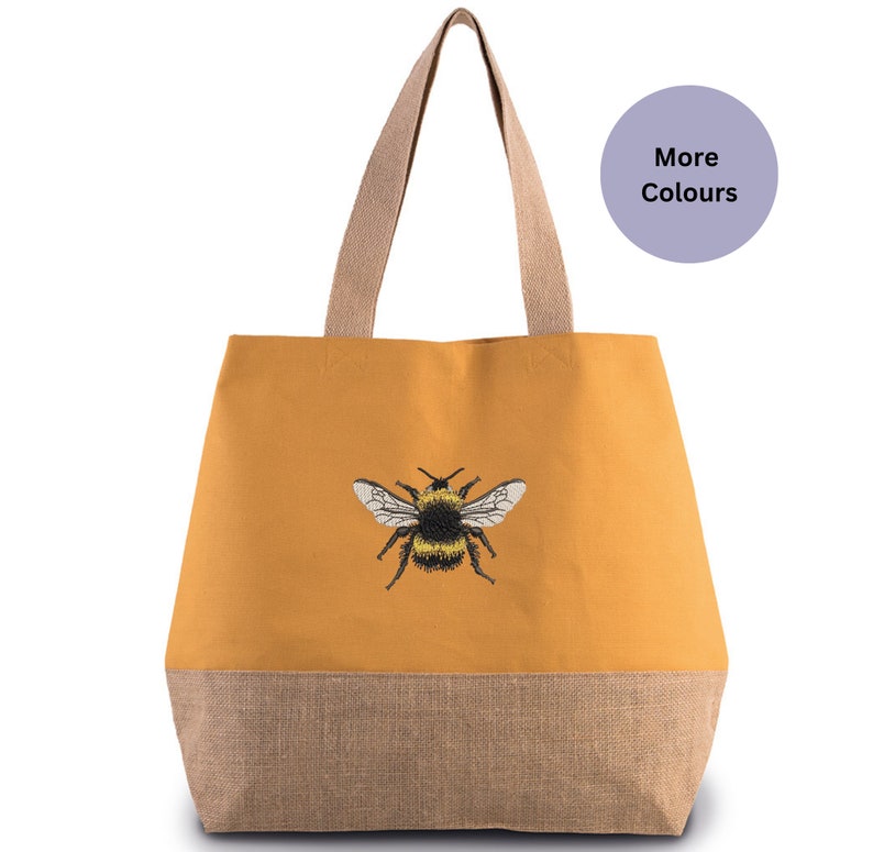 Embroidered Bumble Bee Tote Bag: Jute Cotton Canvas Shopping Bee ...