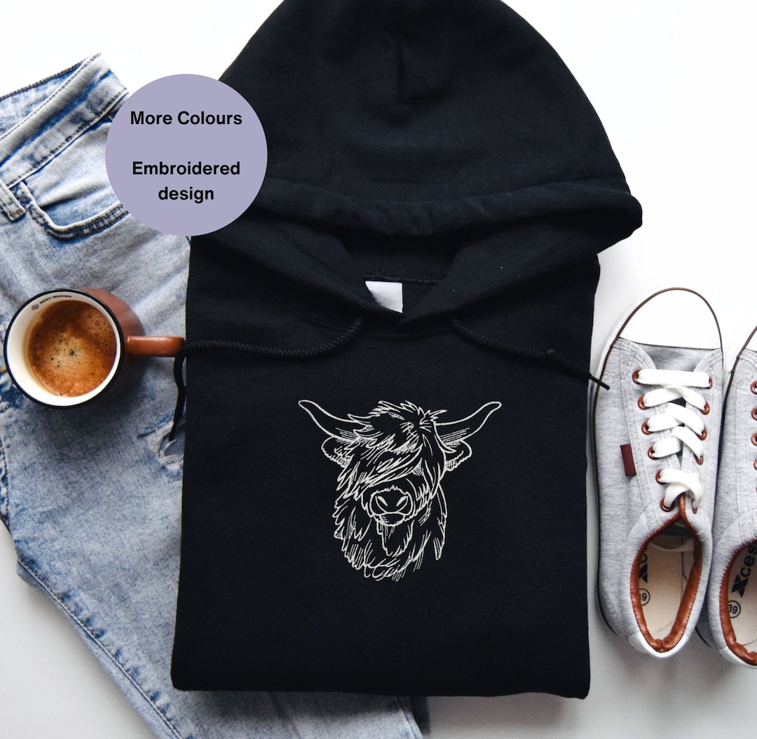 Scottish Highland Cow Hoodie, Embroidered Cow Hoodie. Farm Animal ...