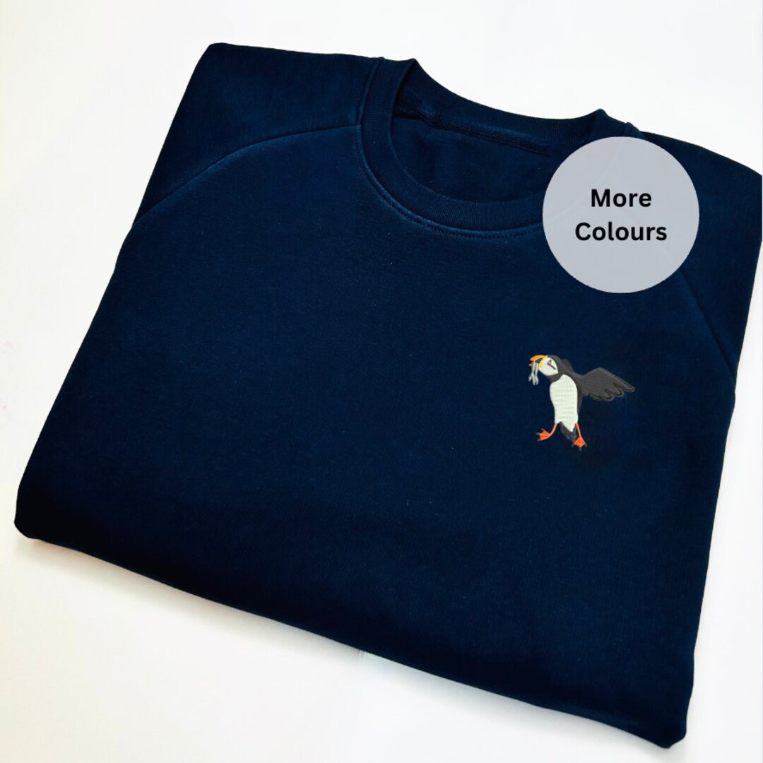 Puffin Eating Fish Embroidered Jumper, Embroidered Puffin Sweatshirt ...