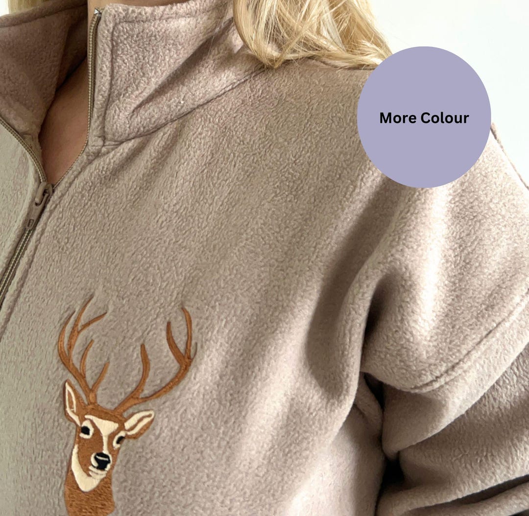 Deer Embroidered Quarter Zip Fleece, Polar Fleece Clothing, Embroidered ...