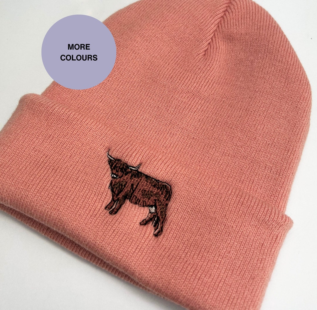 Standing Scottish Highland Cow Embroidered Beanie, Highland Cow Hat ...