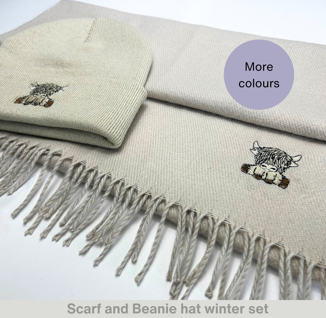 Scottish Highland Embroidered Scarf and Hat Set Embroidered Beanie Hat ...
