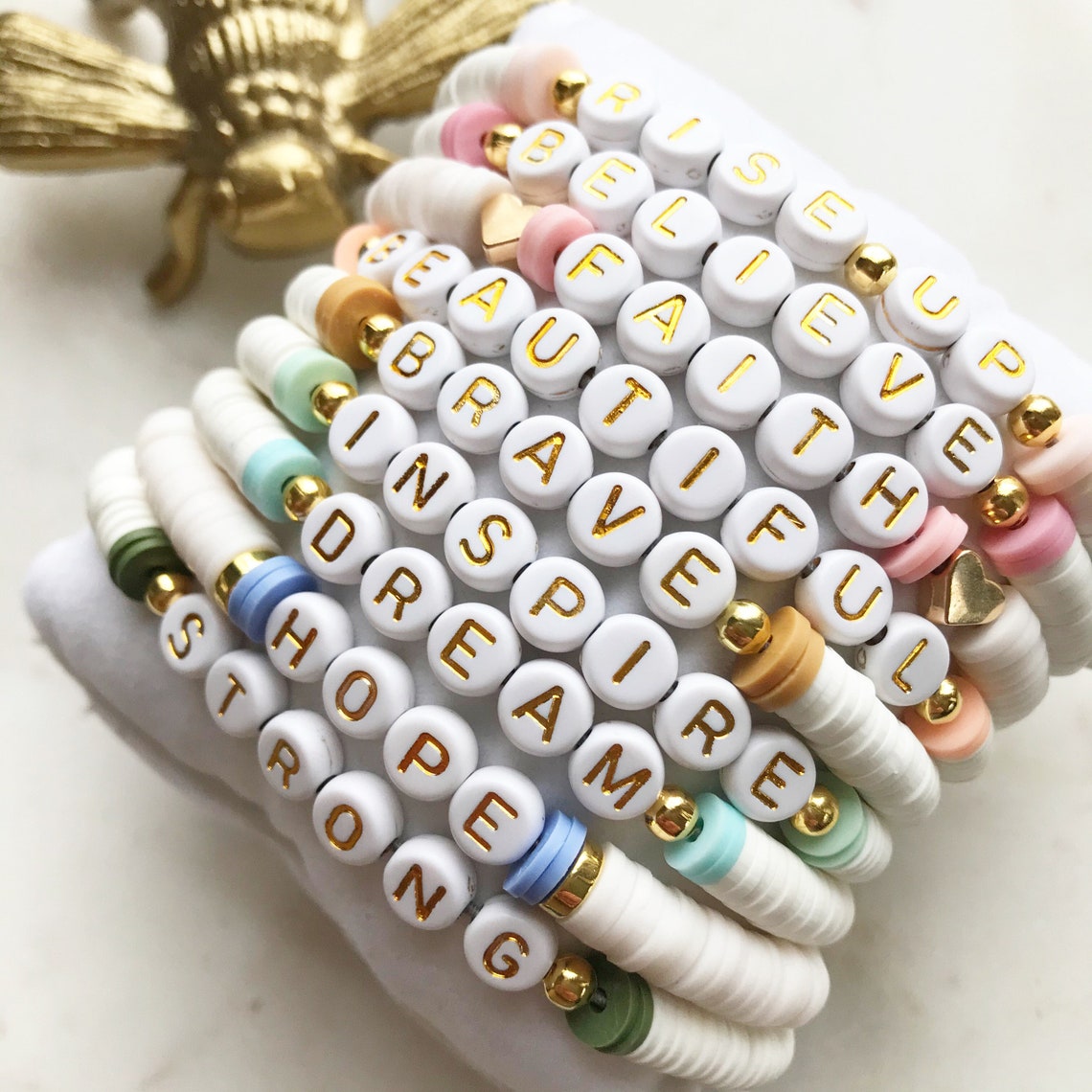 POSITIVE AFFIRMATION Gold Stacked Beaded Charm Word Bracelet | Etsy