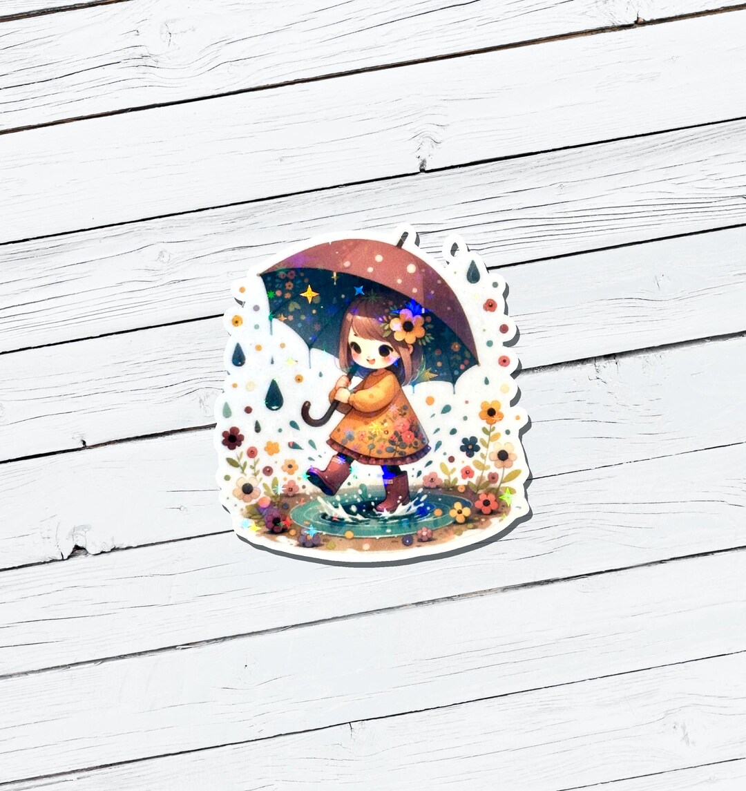 Holographic Girl With Umbrella Sticker | Vinyl Water Resistant | Water ...