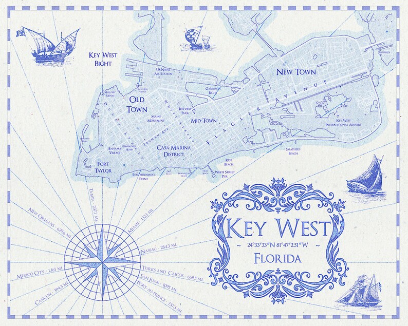Key West Art Key West Map Key West Print Vintage Style | Etsy