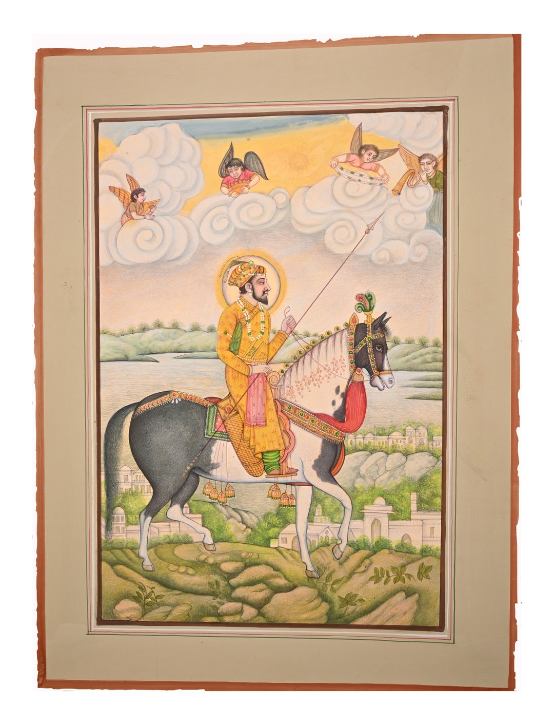 Mughal King Shah Jahan Portrait Painting Riding Horse Handmade Art - Etsy