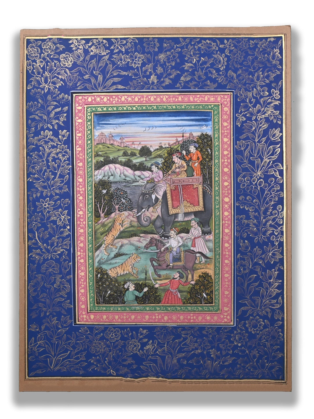 Mughal King Hunting Tiger at Forest Miniature Painting With Gold Border ...