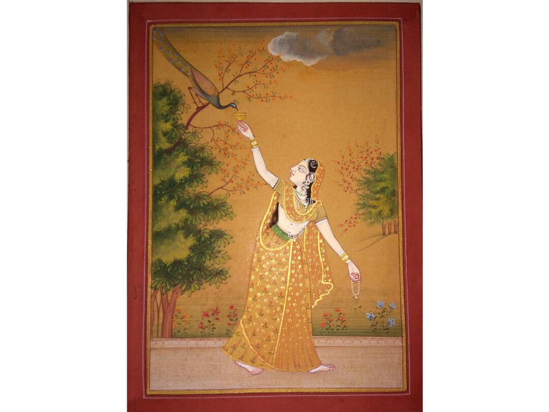 Indian Miniature Painting Hand-painted Ragni With Peacock Folk Ethnic ...