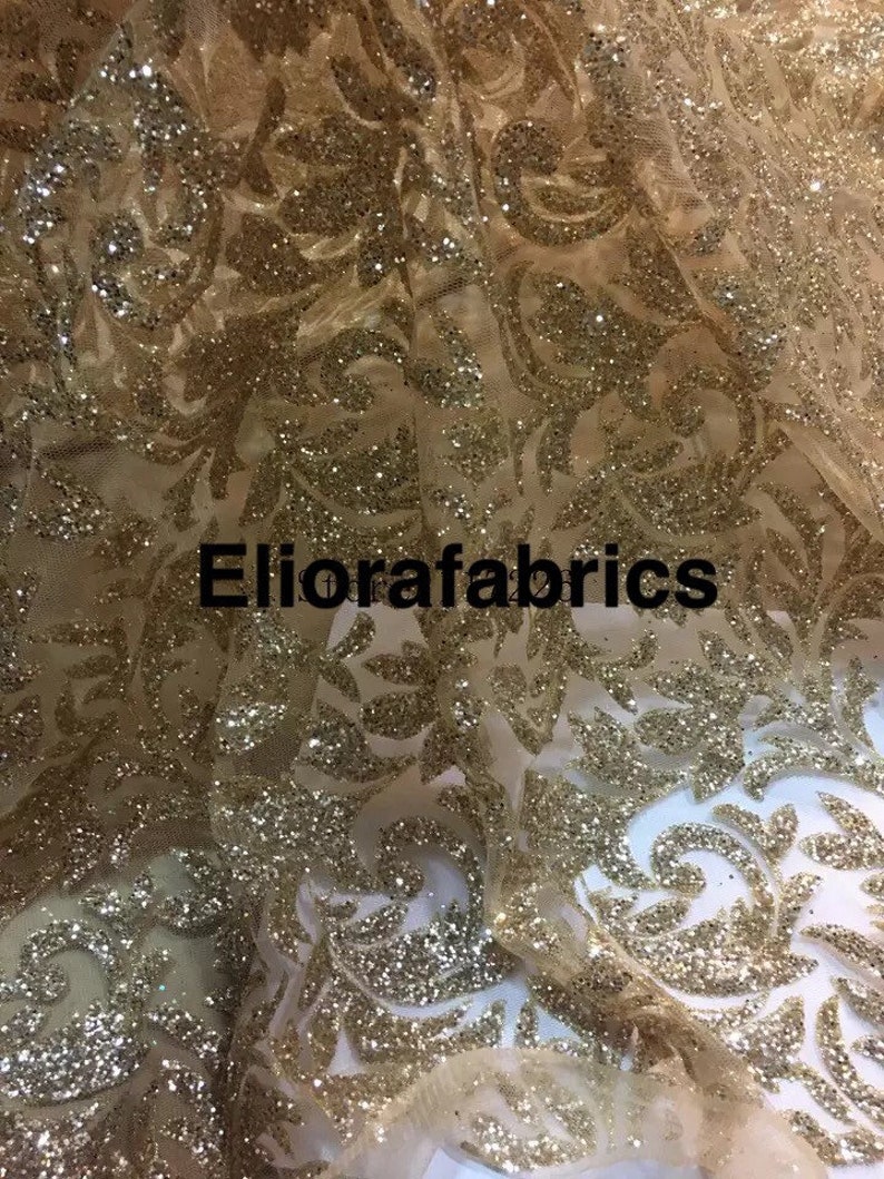 Tulle Gold French Glued Glitter Sequence Lace Fabric Etsy