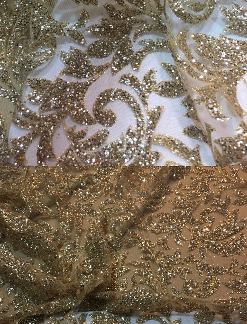 Tulle Gold French Glued Glitter Sequence Lace Fabric Etsy