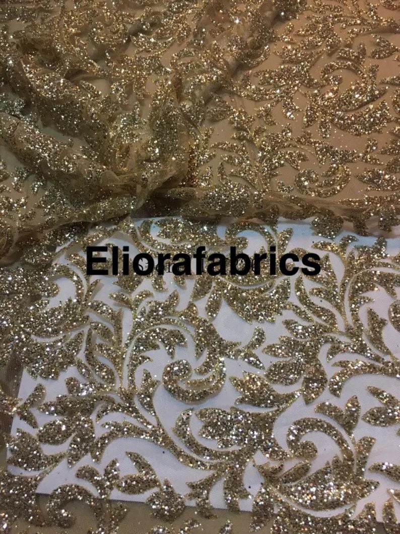 Tulle Gold French Glued Glitter Sequence Lace Fabric Etsy