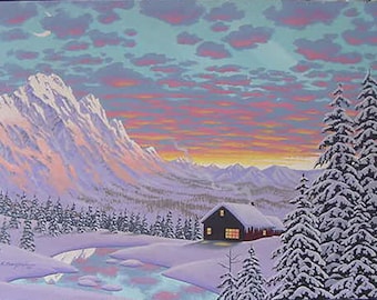 Log cabin painting | Etsy