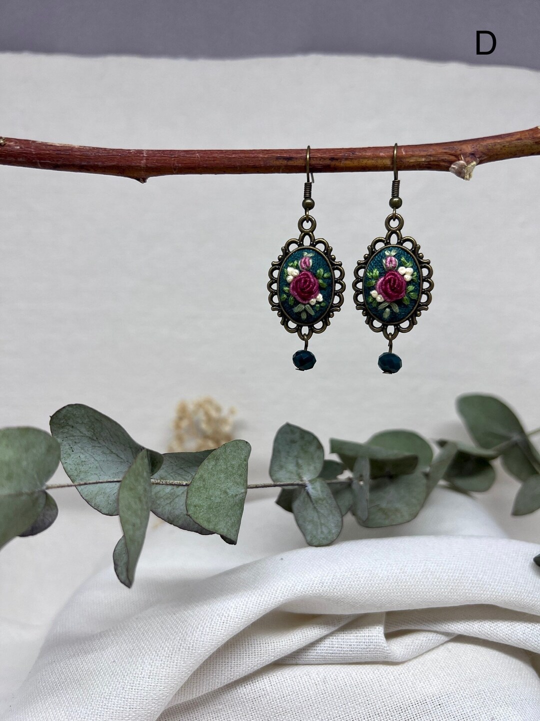Hand Embroidered Floral Earrings, Bronze Vintage Style - Etsy