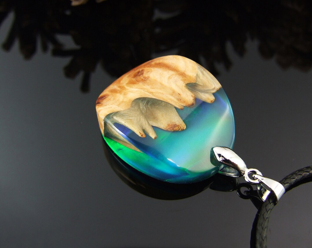 Northern Lights, Aurora, Rainbow Opal, Wood Resin Necklace, Lab Opal ...