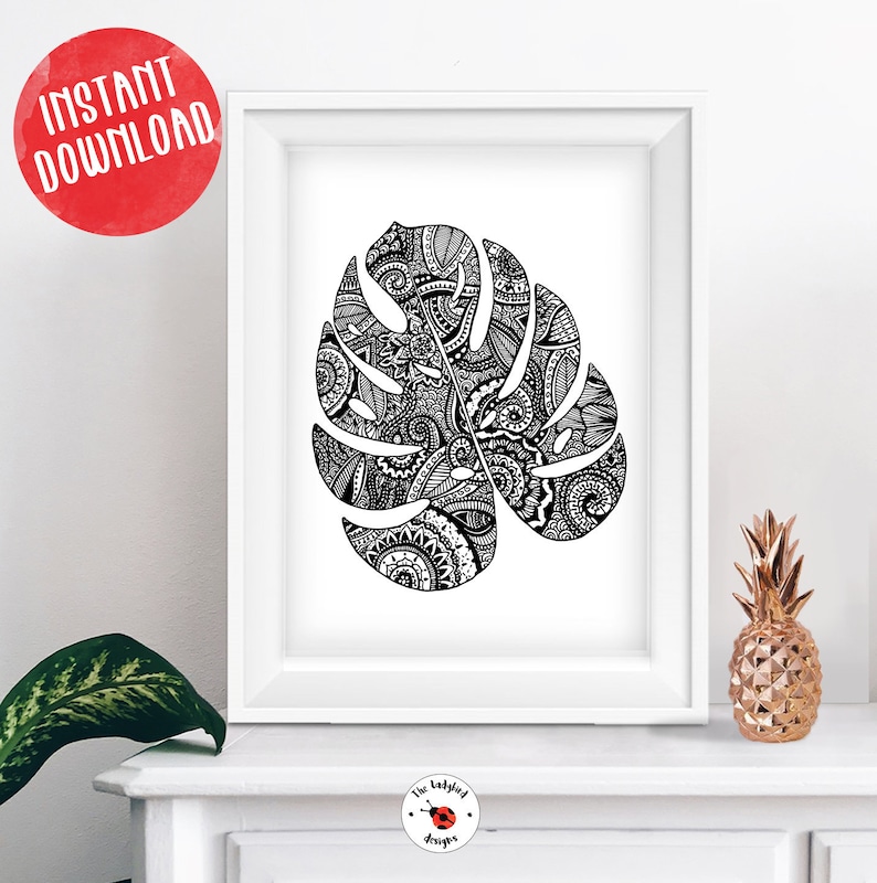 Printable Monstera Leaf Wall Art With Hand Drawn Mandala - Etsy
