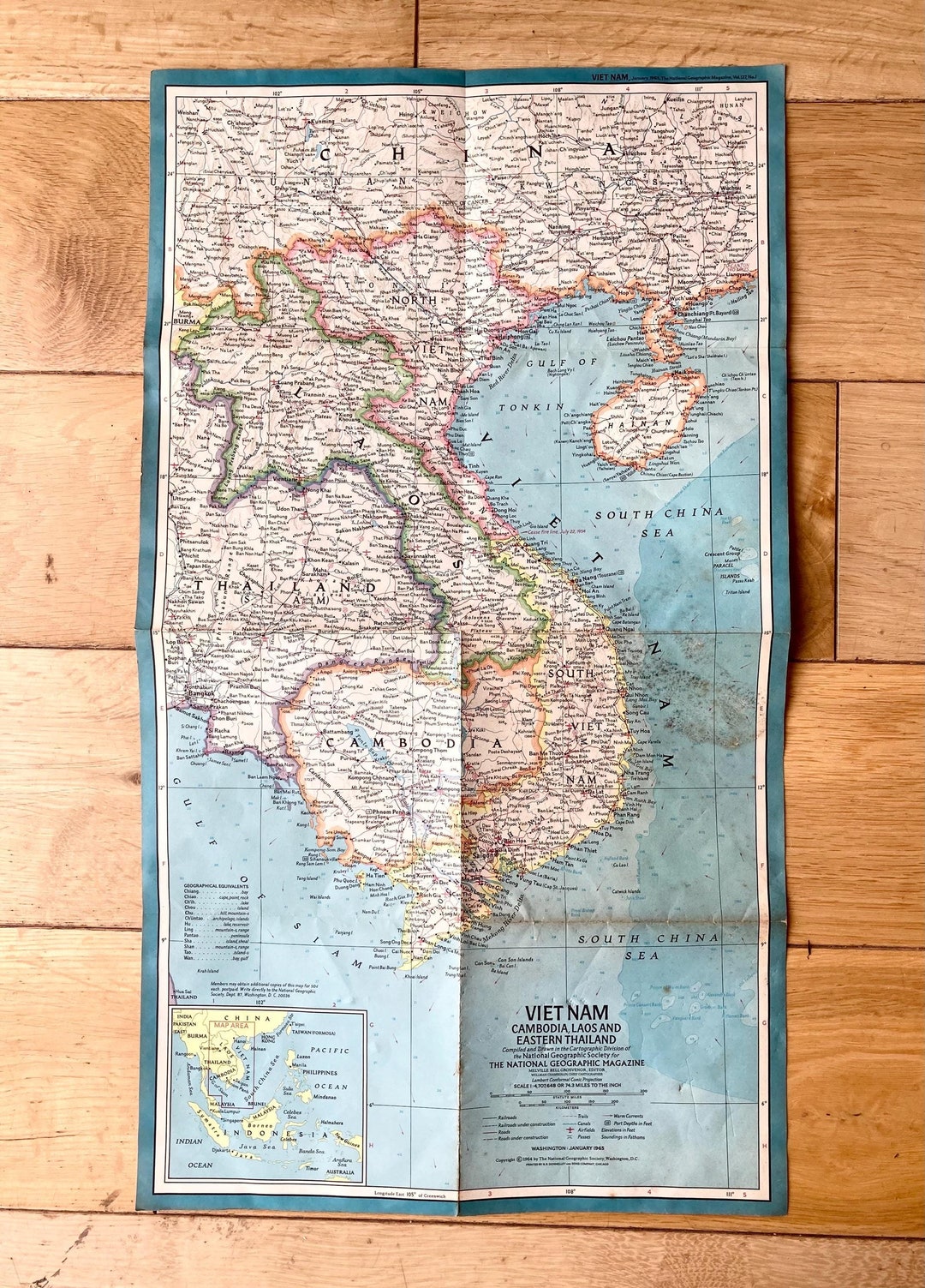 Vintage Vietnam Map, 1965 National Geographic Map Including Cambodia ...