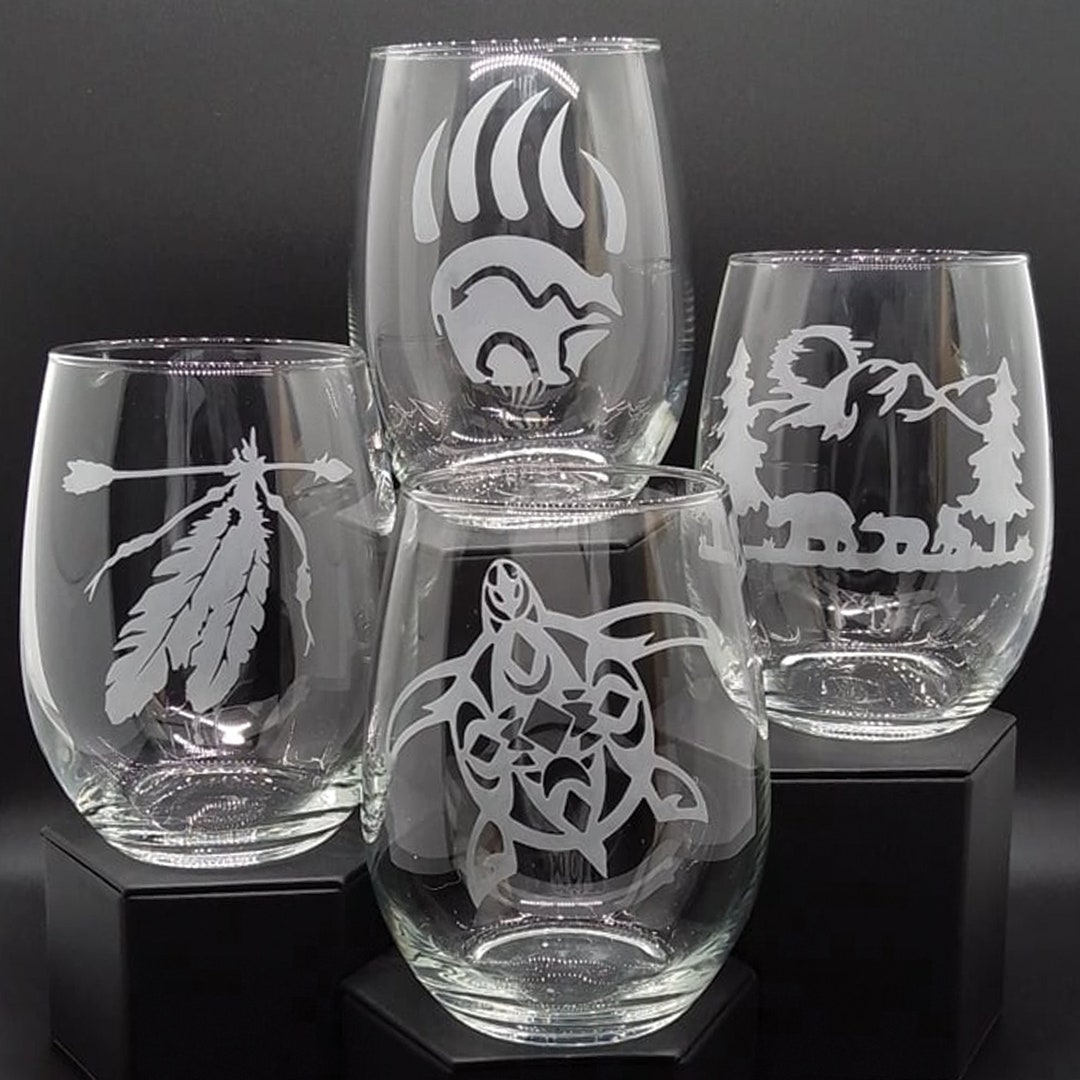 20.5oz Etched Stemless Wine Glass 4 Pc Set 3 Bears, Feathers, Bear Claw ...