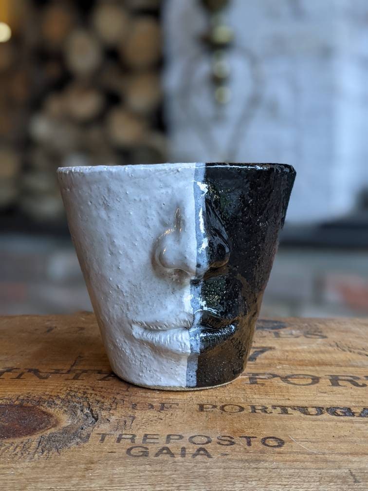 Plant pot with face split black white Handmade planter with a | Etsy