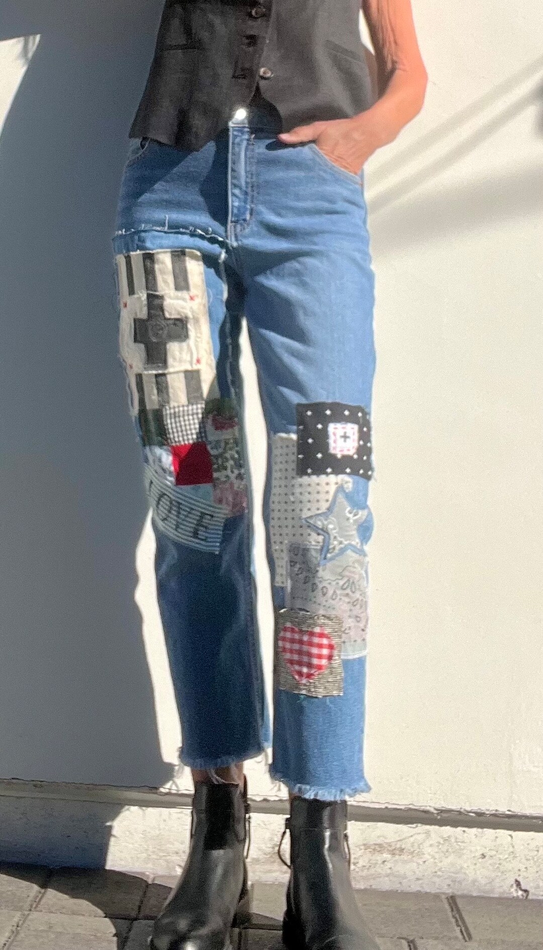 Patched and Distressed Jeans, Festival Jeans, Vintage Patches, Upcycled ...