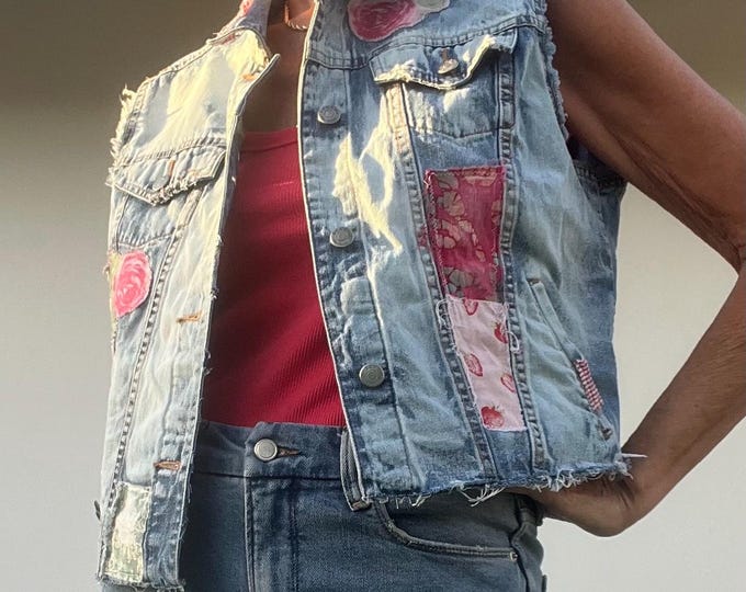 Denim Vest, Distressed, and Embellished With Floral Applique and Pins ...