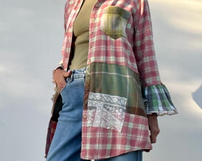 Upcycled Flannel Patchwork Duster , Sz L Women’s Multi Color Flannel ...