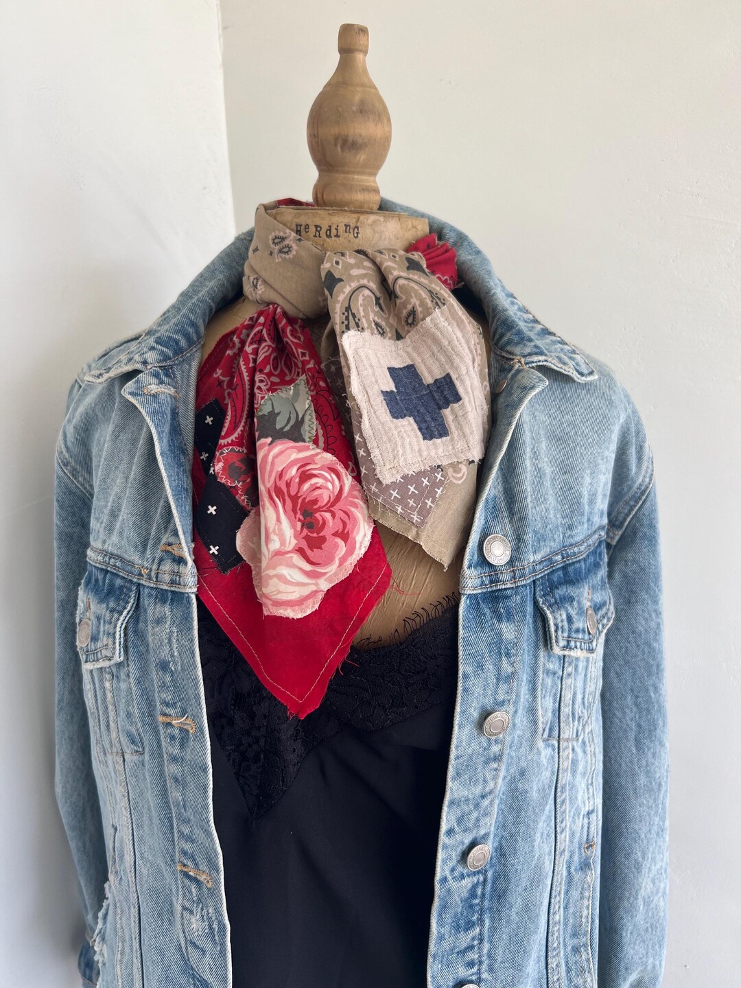 Boho Chic Distressed and Embellished Bandana Scarf Red and Tan Scarf ...