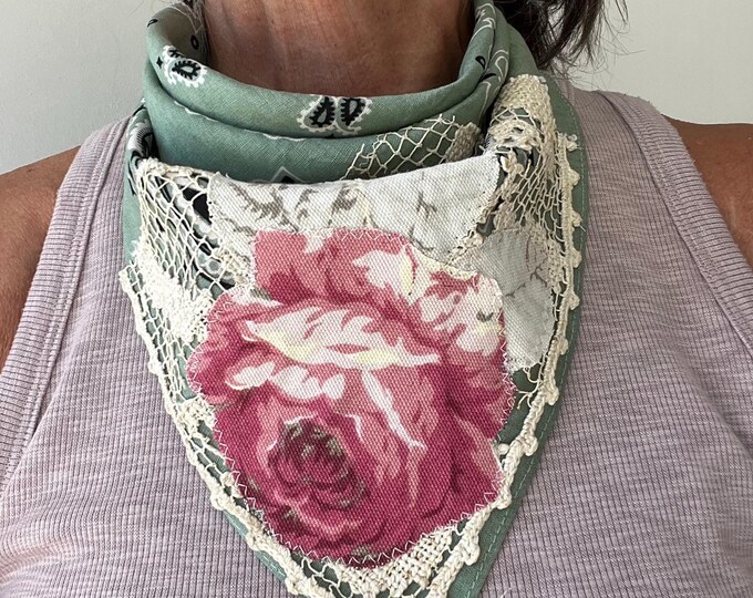 Distressed Green Bandana: Magnolia Flower, Butterfly Applique - Boho ...